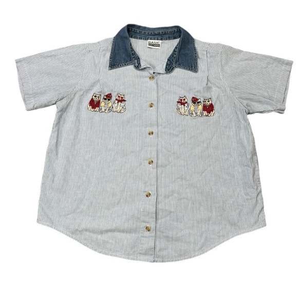 Vintage | Tops | Vintage Basic Editions Embroidered Cat Button Down ...